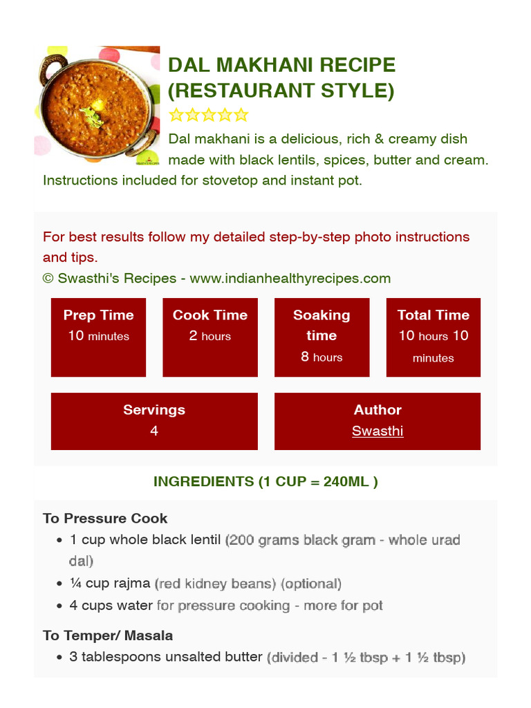Restaurant Style Dal Makhani Recipe | PDF | Foods | Food And Drink ...