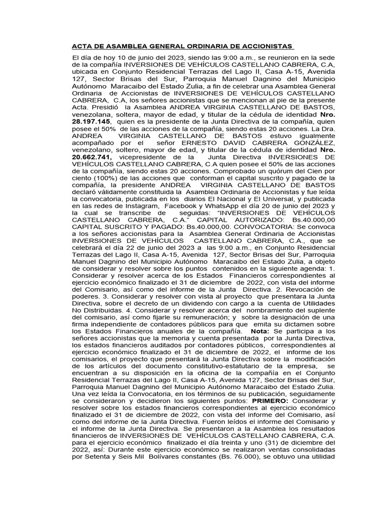 Acta de Asamblea Ordinaria Def | Descargar gratis PDF | Dividendo