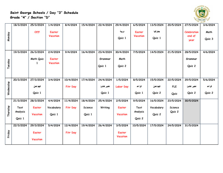 Grade 4 Exam Scheduling Template | PDF | Easter | Observances