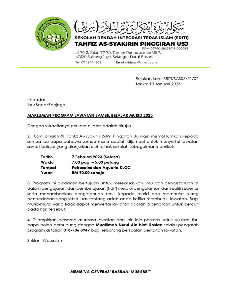 02 Surat Makluman Lawatan Sambil Belajar Sas | PDF