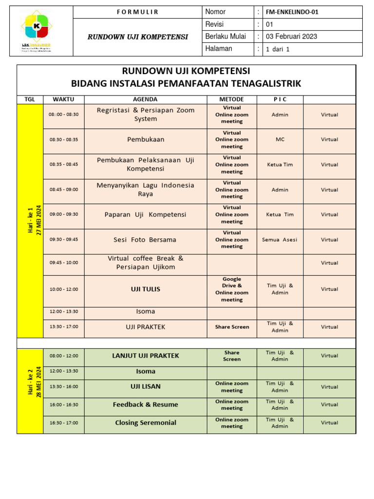 Rundown Uji Kompetensi Iptl TGL 27 S.D 29 Mei April 2024 Pt. LSK Enkelindo | PDF