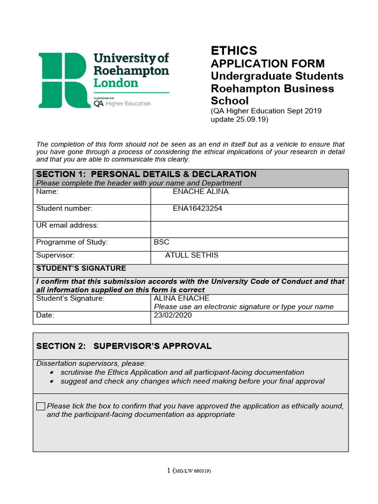 Ethics Form Alina Enache | PDF | Information Privacy | Occupational ...
