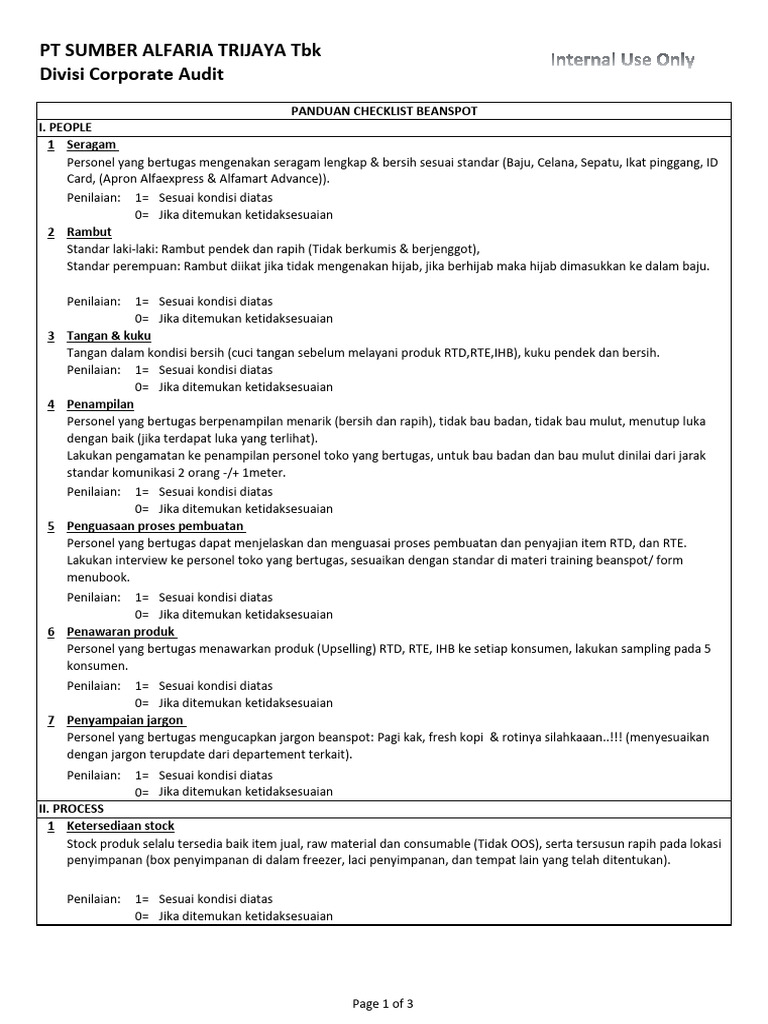 Standar Inspeksi Kebersihan Beanspot | PDF