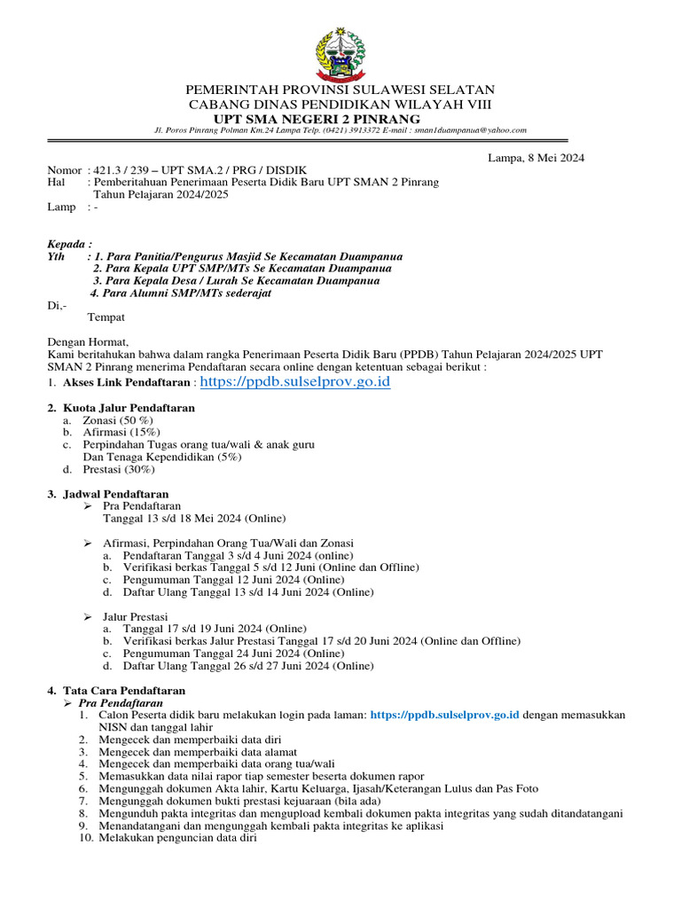 Surat Pemberitahuan PPDB SMAN 2 Pinrang | PDF
