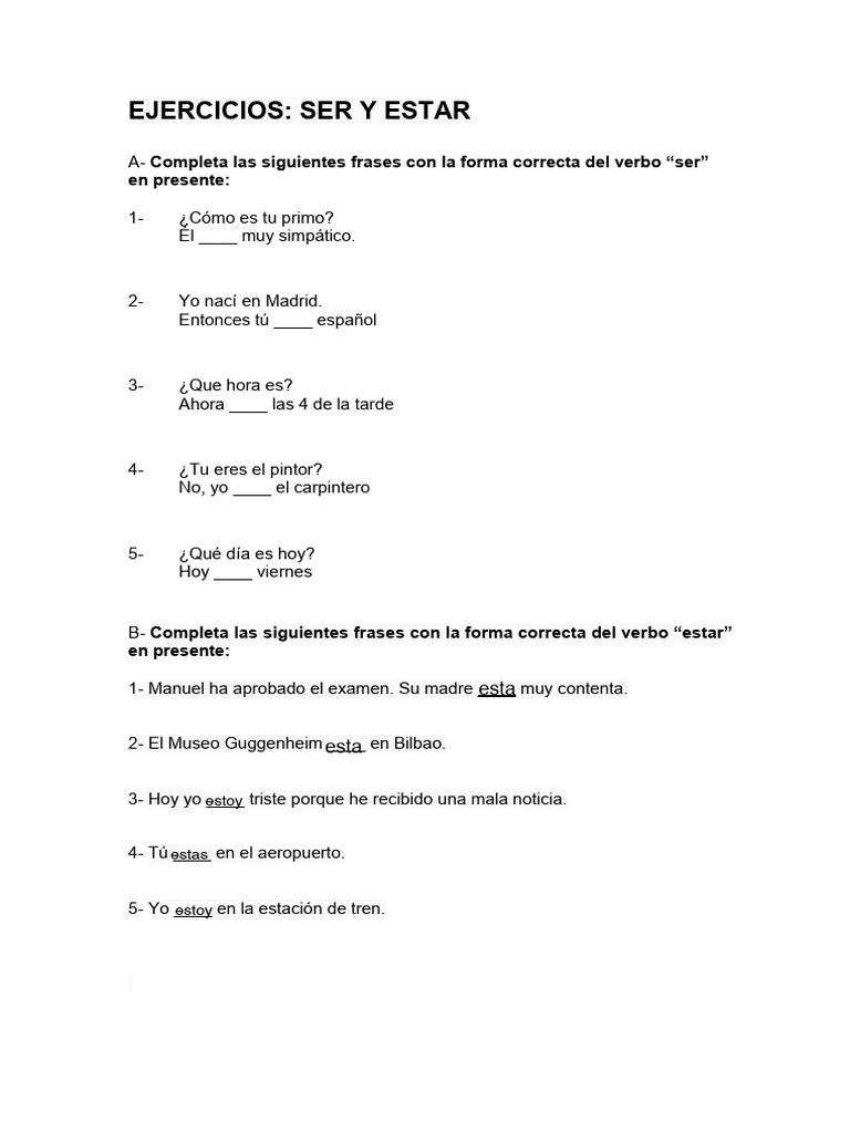 Ejercicios Con Soluciones. SER y ESTAR | PDF