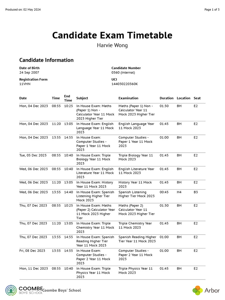 2024-05-02 Exam timetable for 0360 Wong Harvie | PDF | Qualifications ...
