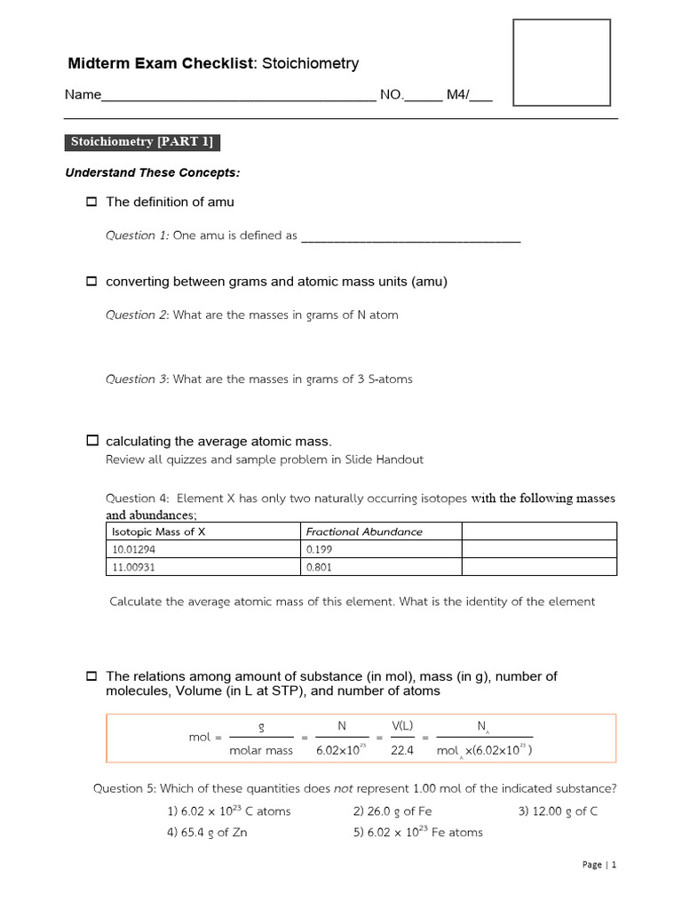 (Period 9) Check List Midterm (Stoi PART 1) | PDF | Mole (Unit ...