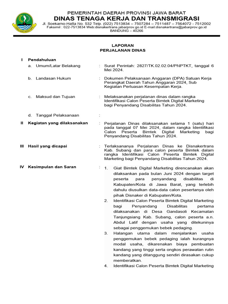 Laporan Perjalanan Dinas Identifikasi Peserta Bimtek Disabilitas, Subang 7 Mei 2024 | PDF