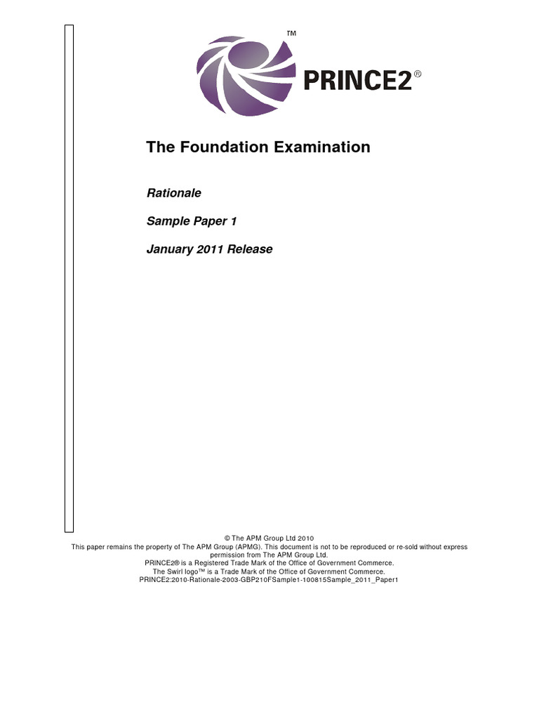 Section 2D - PRINCE2 Foundation Exam - Sample Paper 1 - Rationale | PDF | Project Management | Risk