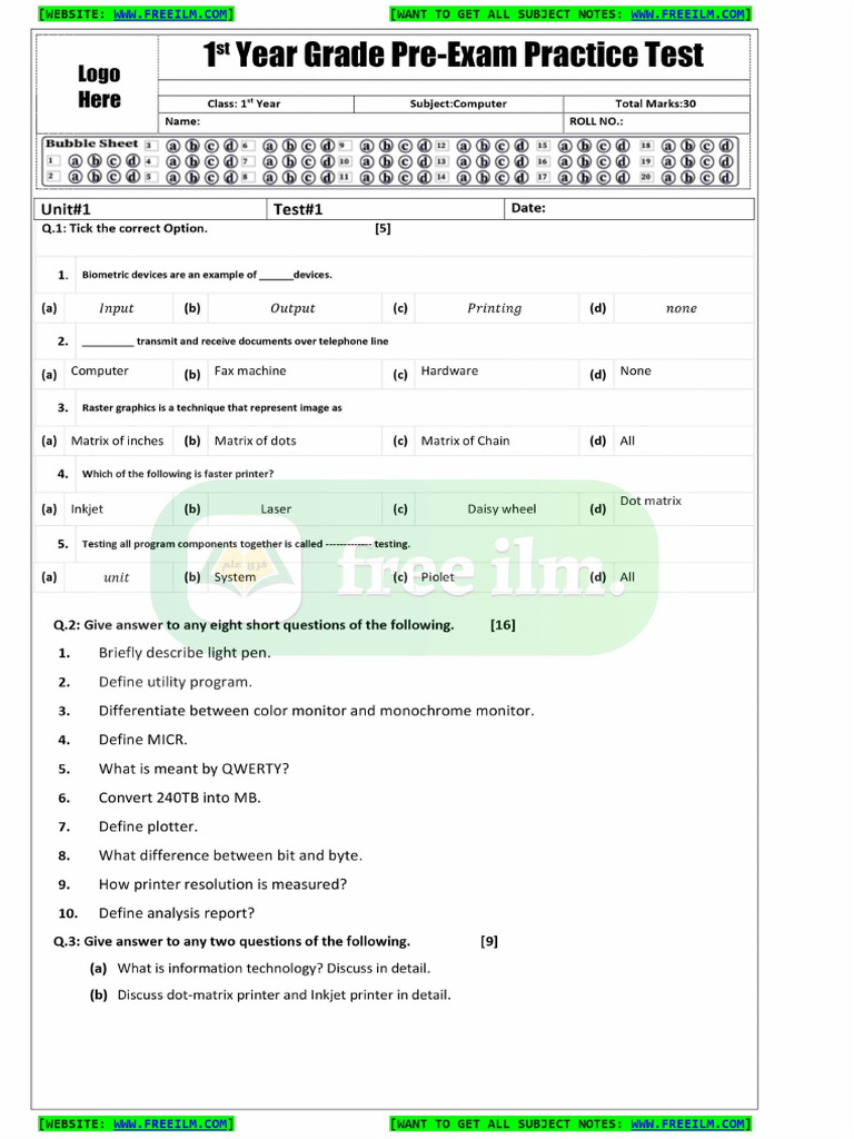 11th Computer Test Paper 1 | PDF