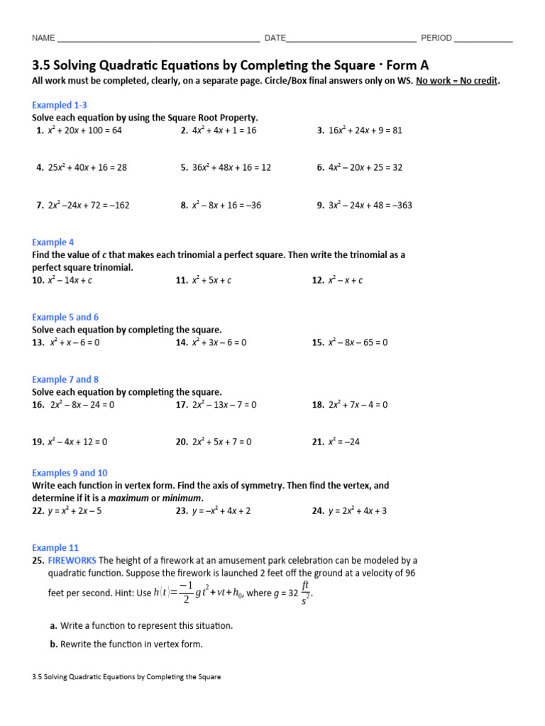 3.5 Solving Quadratic Equations by Completing The Square Form A | PDF ...
