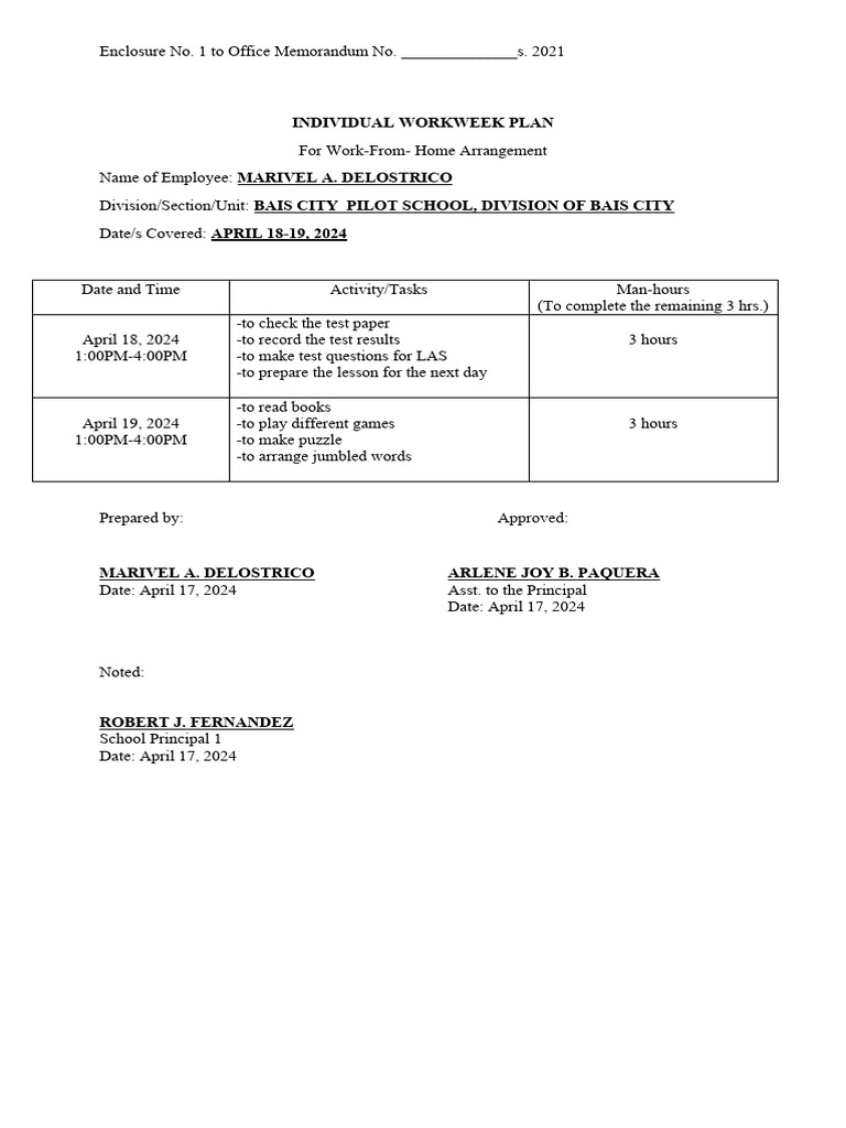 Individual Workweek Plans for Teachers | PDF | Labor