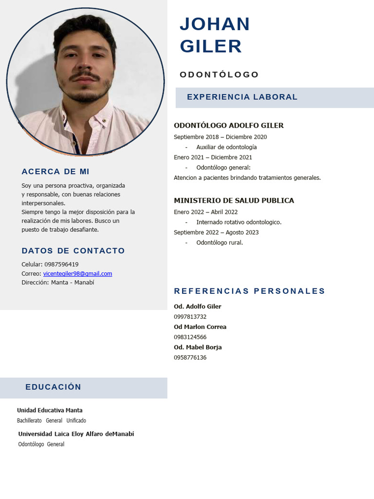 Odontólogo Johan Giler: Experiencia y Formación | PDF | Ciencias ...