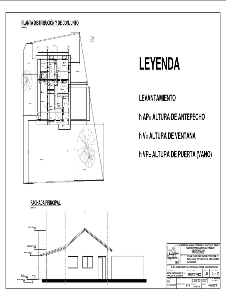 Plano - A1 - PLANTA DISTRIBUCIÓN, DE CONJUNTO Y FACHADA PRINCIPAL EDIFICACIÓN EXISTENTE | PDF