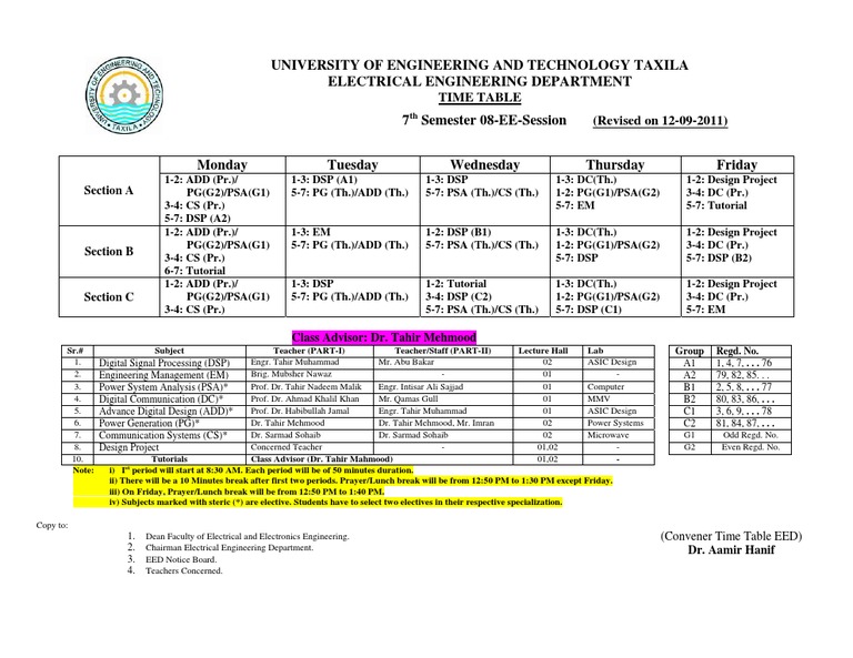 7th Semester EE Timetable UET Taxila | PDF