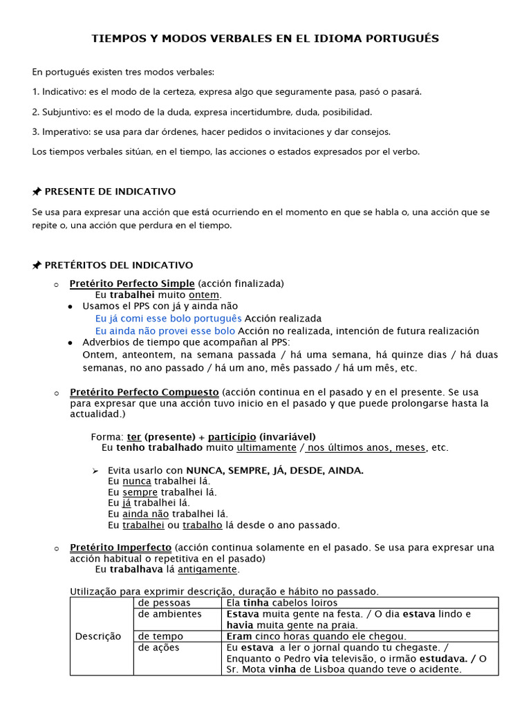 Tiempos y Modos Verbales en El Idioma Portugués | PDF | Linguística ...