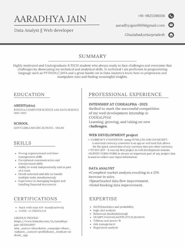 Aaradhya (Data Analyst) Resume | PDF