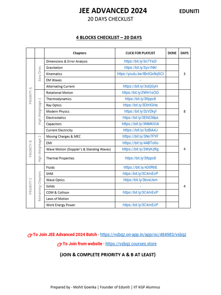 20 Days Checklist JEE Advanced 2024 | PDF | Physical Phenomena ...