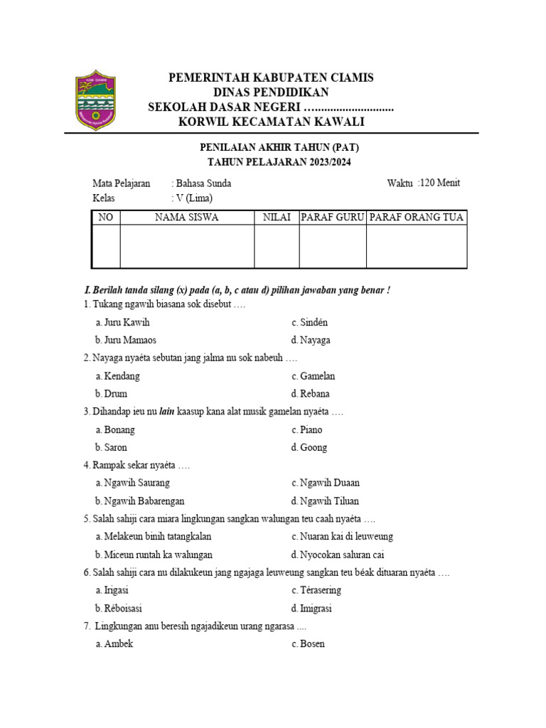 Soal Pat B.sunda - Kelas 5 - Kurtilas | PDF