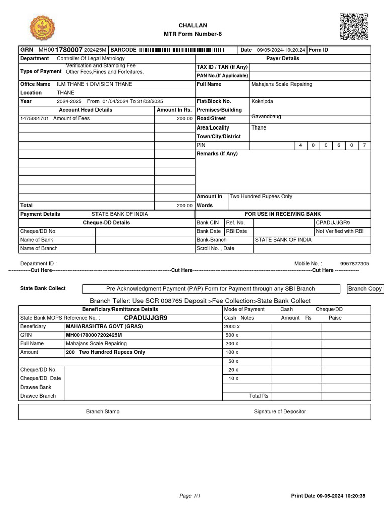 Echallan MH001780007202425 M | PDF | Cheque | Payments