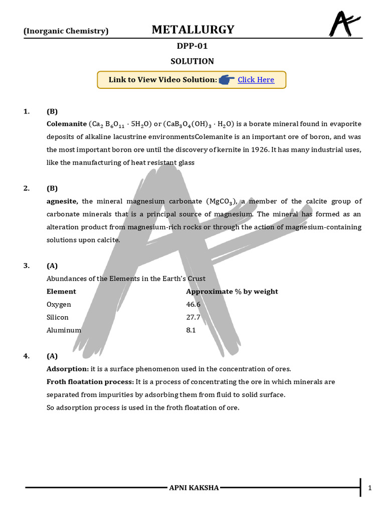DPP - 01 (Video Solution) - Metallurgy | PDF | Minerals | Zinc