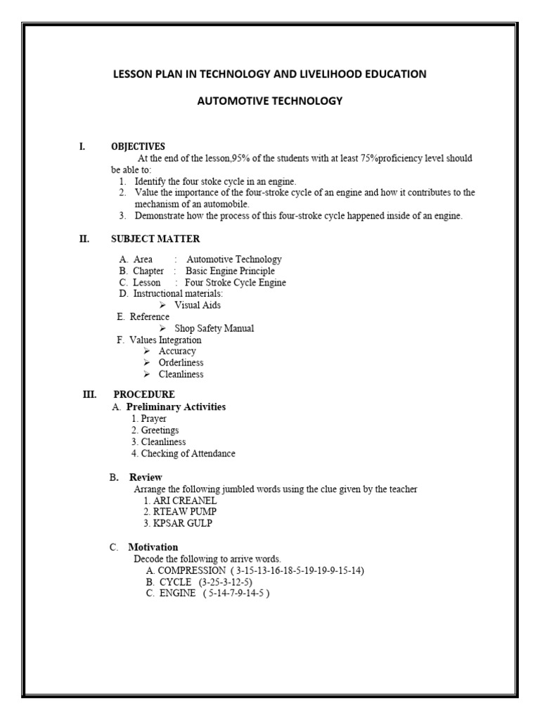 Lesson Plan in Automotive Technology | PDF | Internal Combustion Engine ...