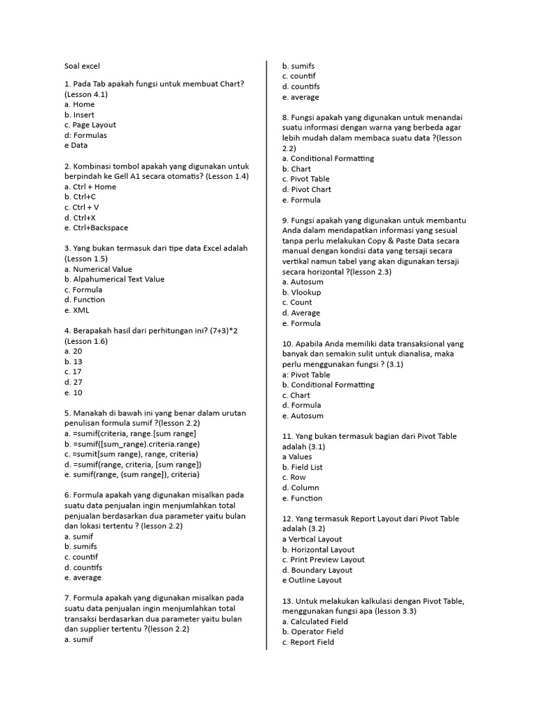 Kuis Excel: Fungsi, Formula, dan Fitur | PDF | Komputer