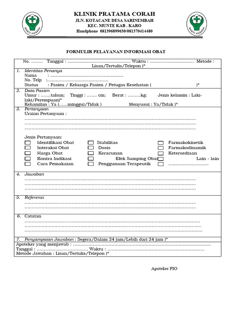 Formulir Pelayanan Informasi Obat | PDF | Kesehatan Holistik | Sains ...