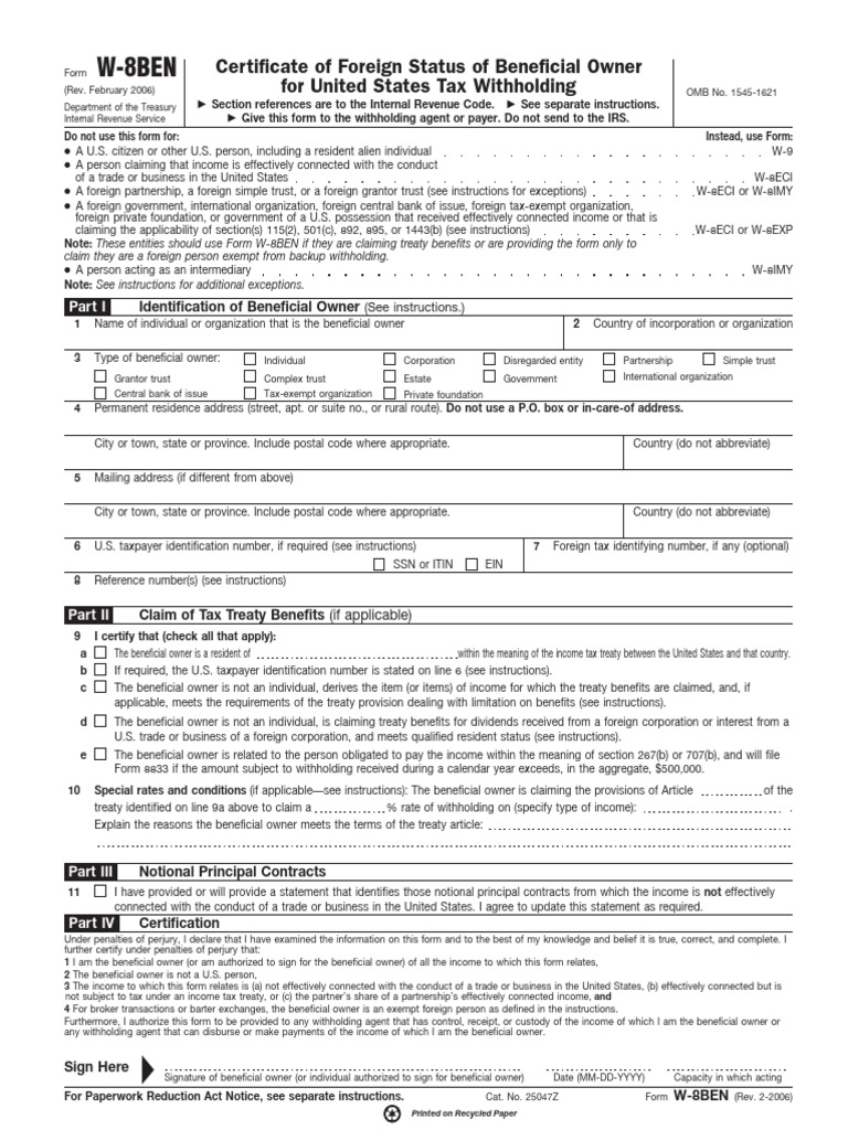W 8ben Empty | PDF | Irs Tax Forms | Payments
