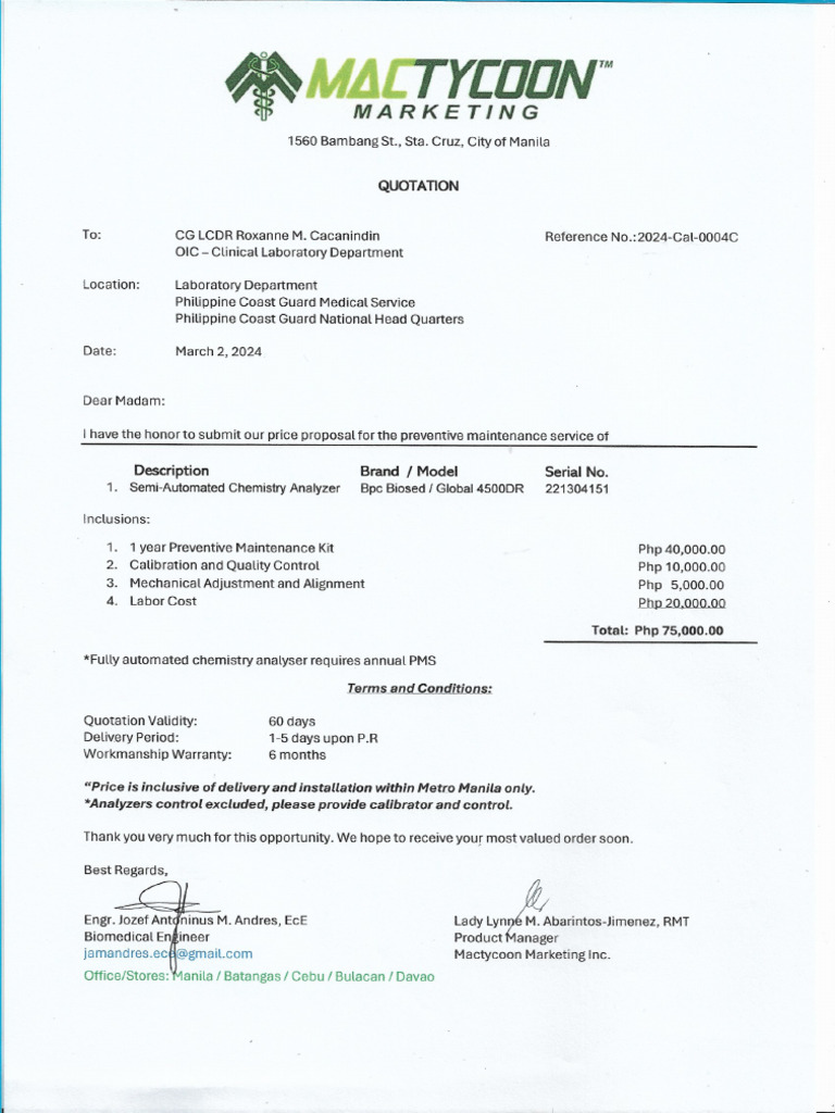 Quotation Blood Chemistry 4500 | PDF