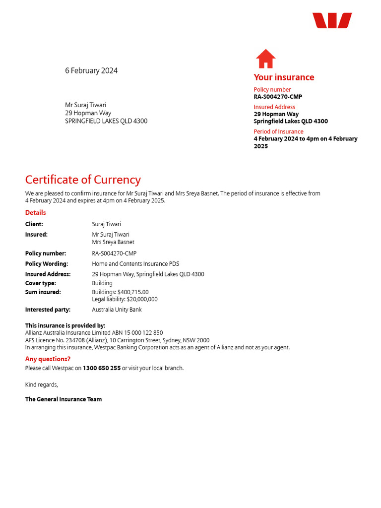 Combined Insurance Certificate of Currency | Download Free PDF ...