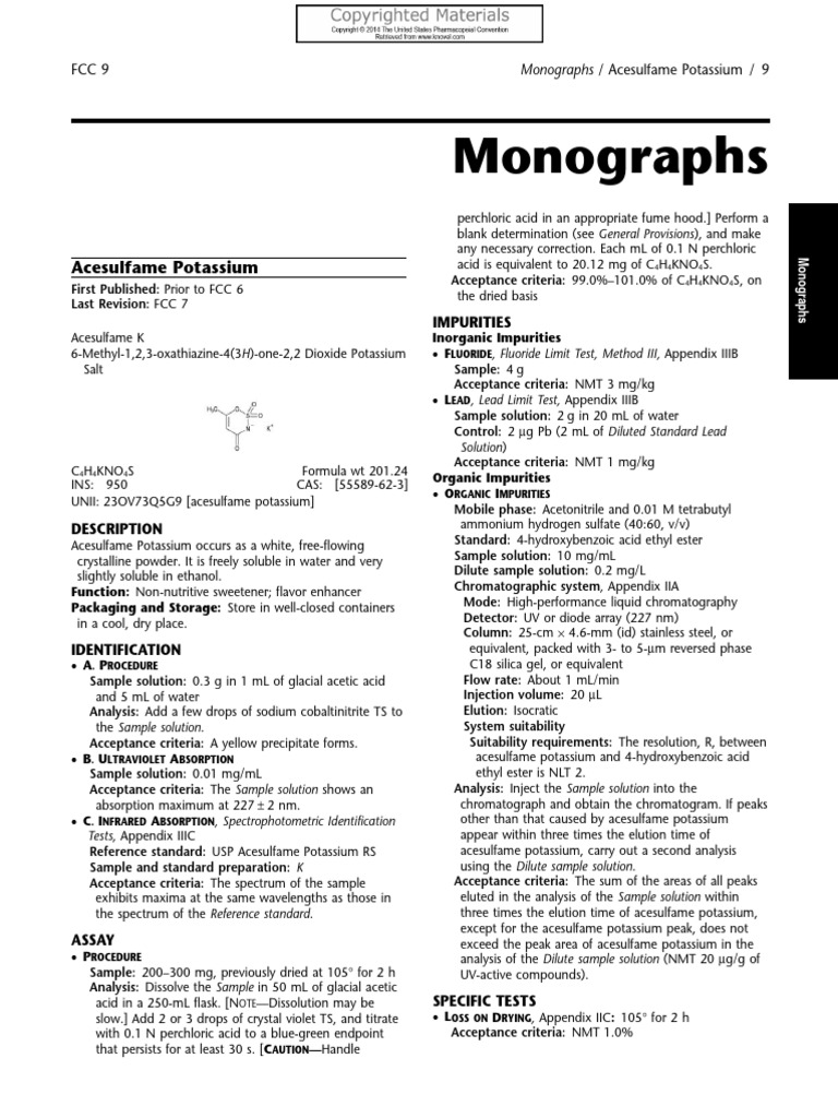 Monographs: Acesulfame Potassium | PDF | Solubility | Acetic Acid