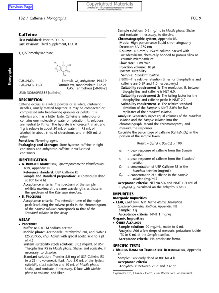 182 / Caffeine / Monographs FCC 9 | PDF | Solubility | Acid