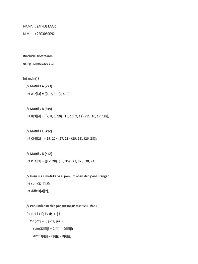 Matrix Operations in C++ Code | PDF | Teaching Methods & Materials ...