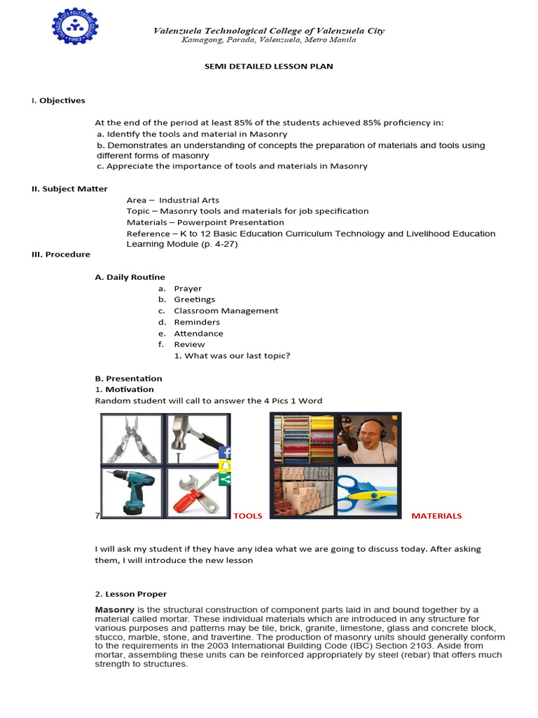 Semi Detailed Lesson Plan: Valenzuela Technological College of ...