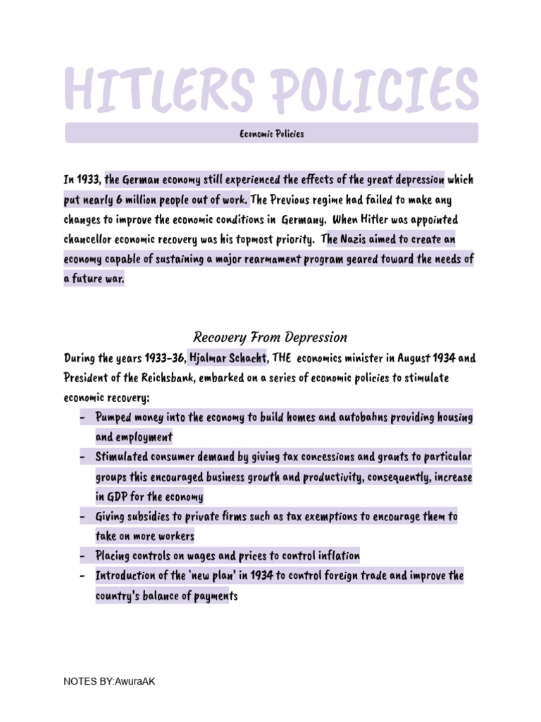 Hitlers Policies 2 | PDF | Nazi Germany | Unemployment