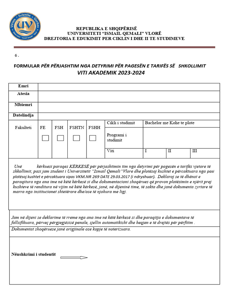 Formulari Per Aplikimin Per Perjashtim Nga Tarifa Shkollore.2023-2024 | PDF