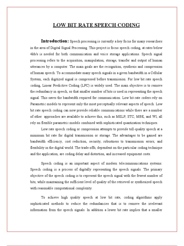 Low Bit Rate Speech Coding Guide | PDF | Data Compression | Forward ...