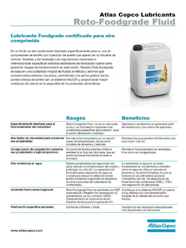 Atlas Copco Roto Fluid h1 Food Grade | PDF