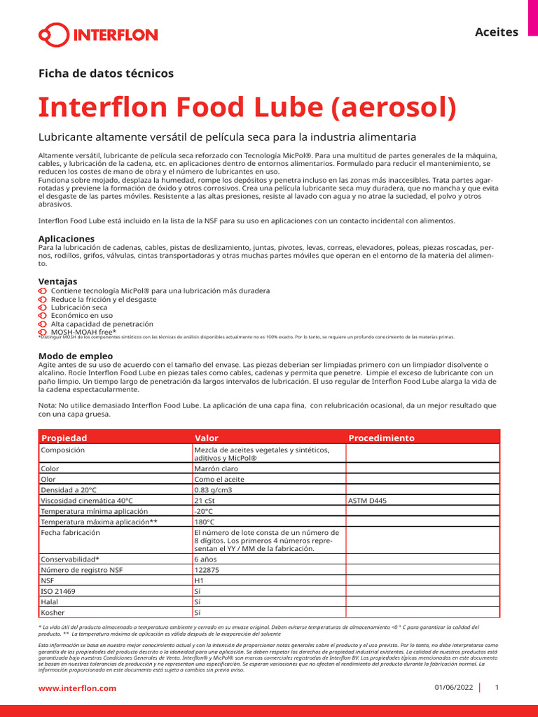 8374 TDS ES Es Interflon Food Lube Aerosol | PDF | Lubricante | Lubricación
