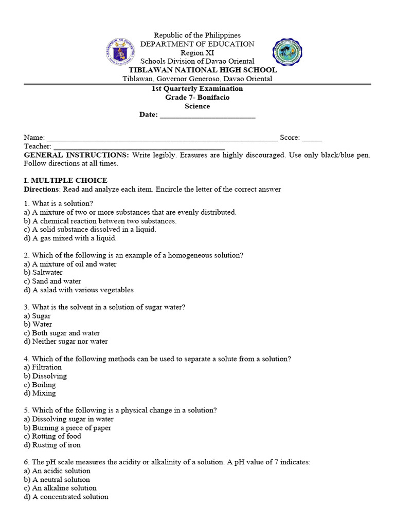Grade 7 - Science 1st Quarter Examination | PDF | Acid | Ph