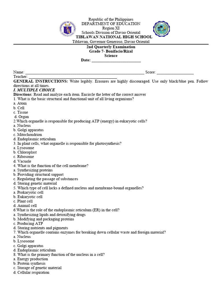 Grade 7 - Science 2nd Quarter Exam | PDF | Sexual Reproduction | Cell ...