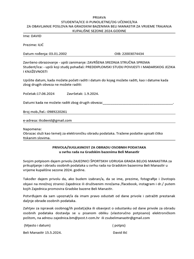 PRIJAVA Za Rad Na Gradskim Bazenima Beli Manastir 2024 | PDF