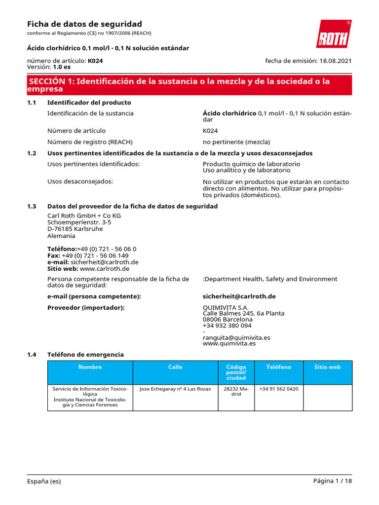 FDS - Acido clorhídrico | PDF | Toxicidad | Residuos