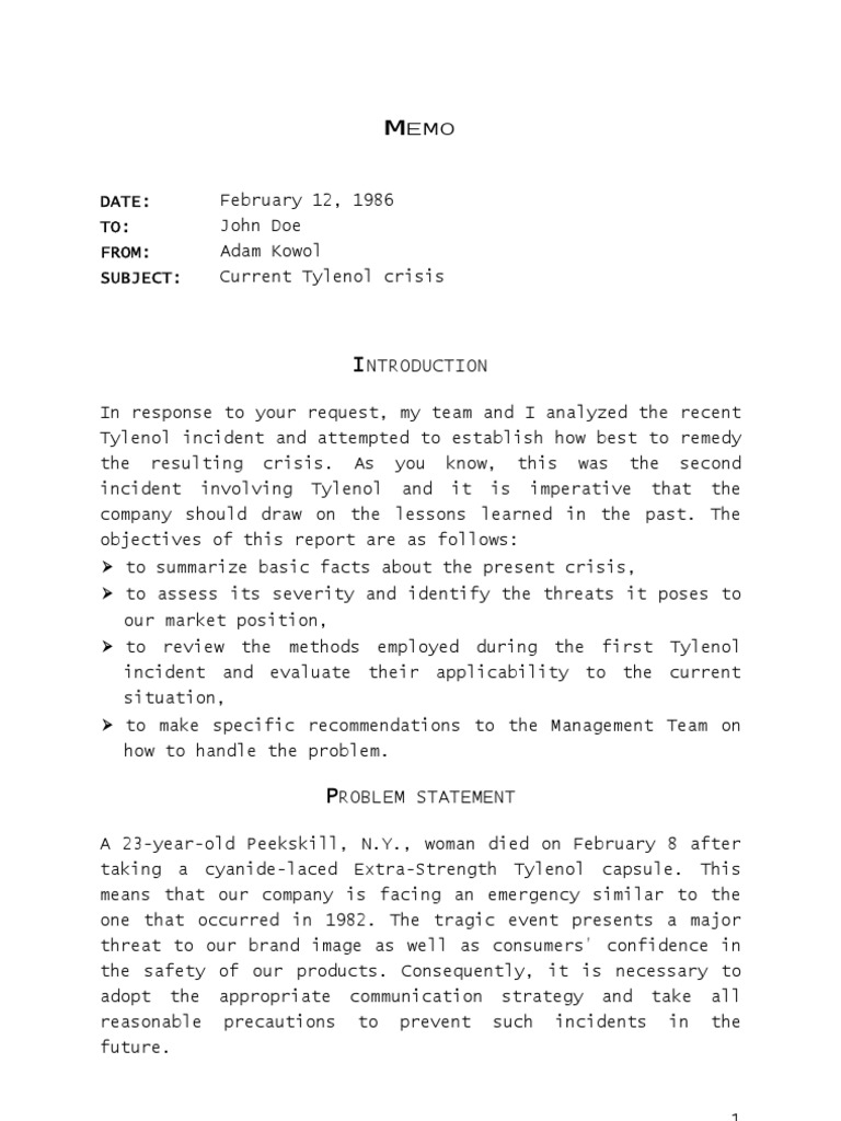Memo of Johnson and Johnson | PDF | Johnson & Johnson | Crisis Management
