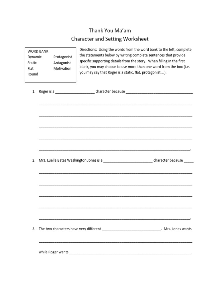 Thank You Ma'Am Character and Setting Worksheet | PDF | Games ...
