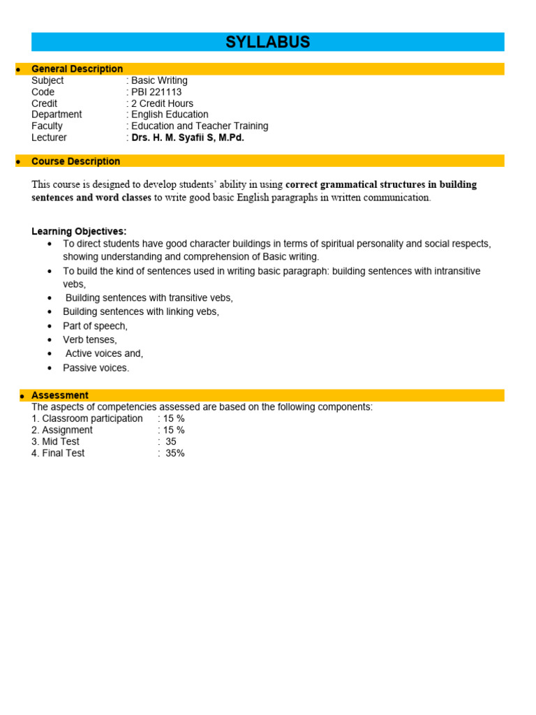 Syllabus Basic Writing | PDF | Verb | Grammar