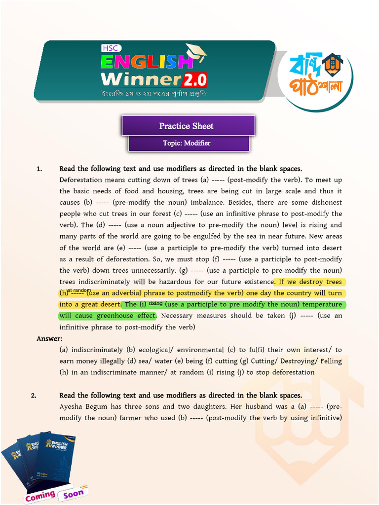 Practice Sheet- Modifier | PDF | Verb | Adjective