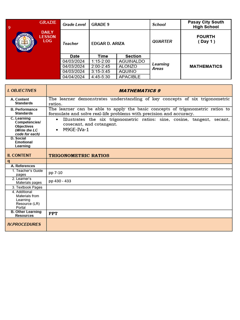 Grade 9 Mathematics Lesson Plan: Trigonometric Ratios | PDF | Trigonometric Functions | Trigonometry