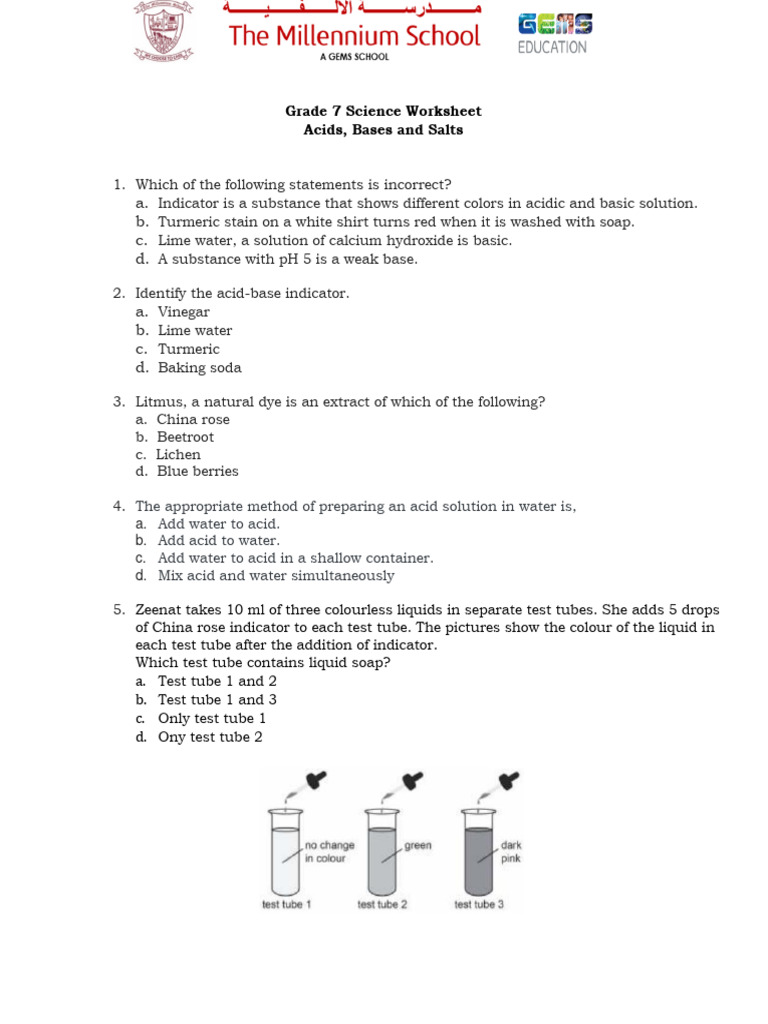 Acids Bases and Salts Worksheet | PDF | Ph | Chemical Substances